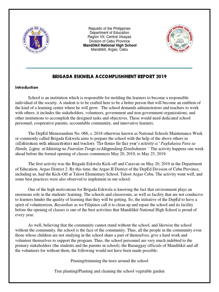 Brigada Eskwela Accomplishment Report 2019 | PDF | Wash | Hygiene
