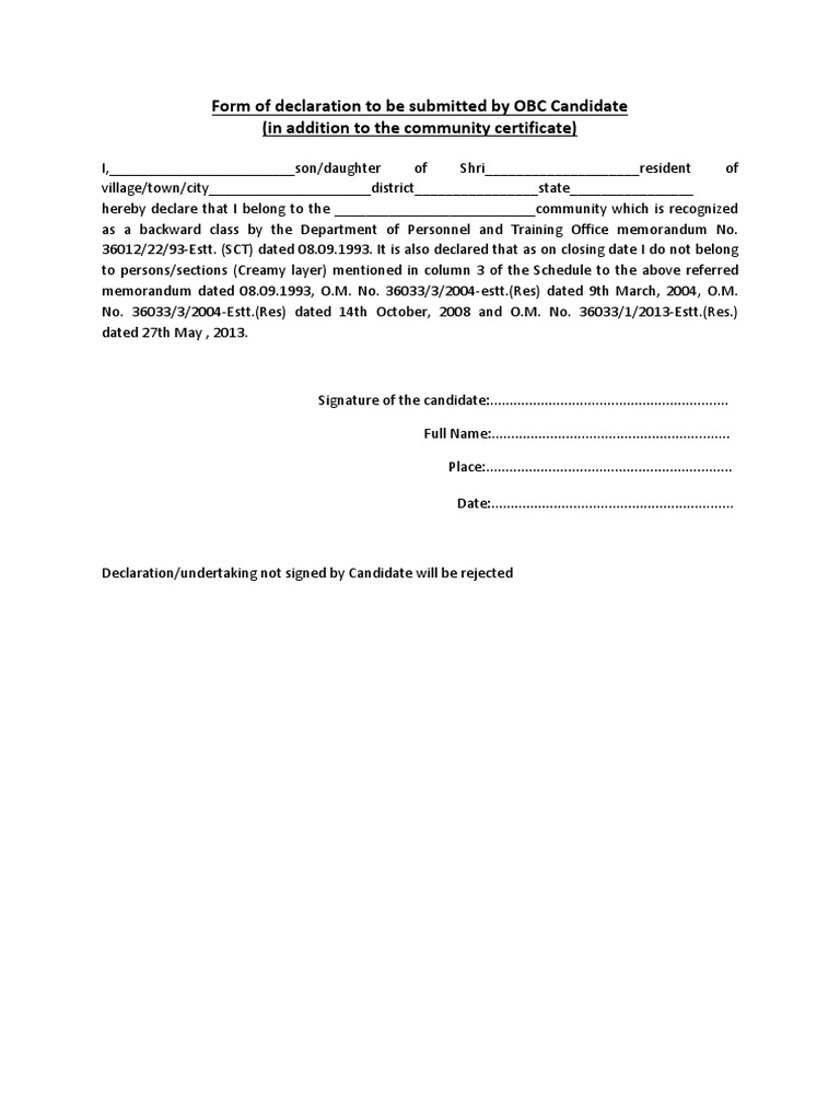 Form Of Declaration To Be Submitted By Obc Candidate In Addition To