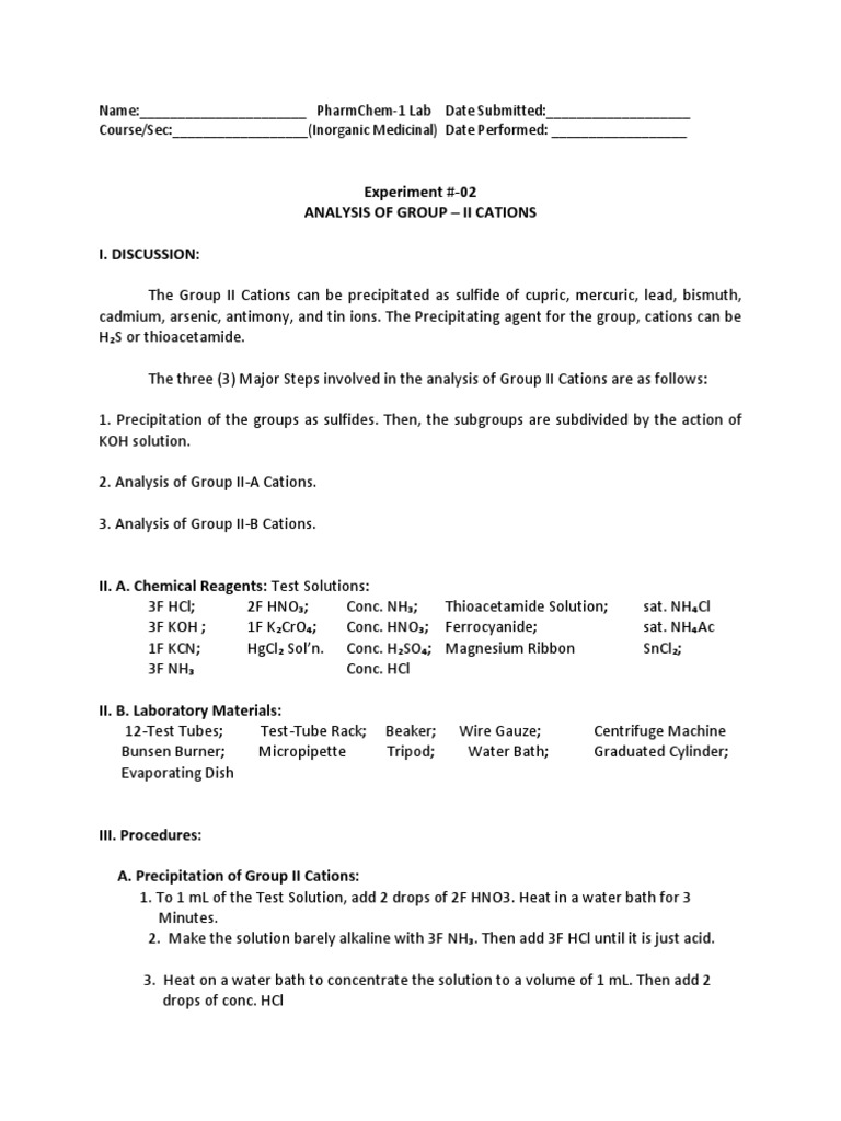 PIC Lab Exp#02 - Analysis of Group II Cations | PDF | Precipitation ...