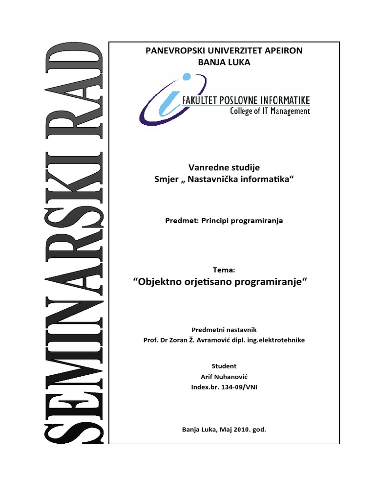 Principi Programiranja - Seminarski Rad - Arif Nuhanović | PDF