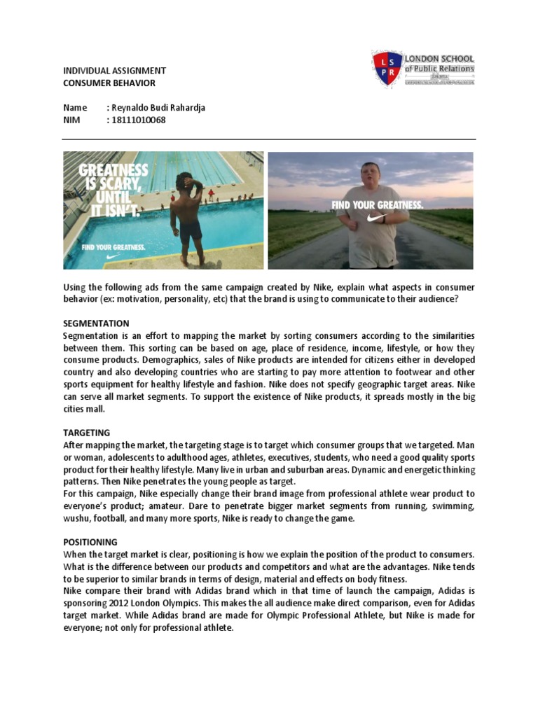 Consumer Behavior - Reynaldo - Nike Find Your Greatness Ads Analysis ...