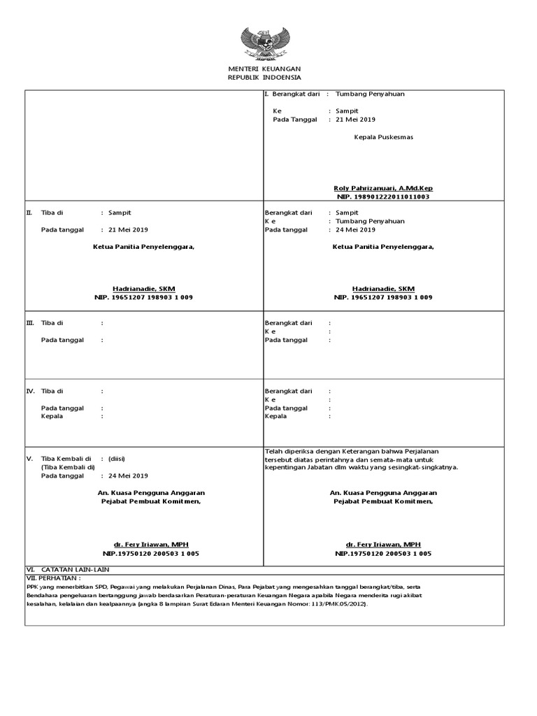Contoh Pengisian SPPD 2019 | PDF