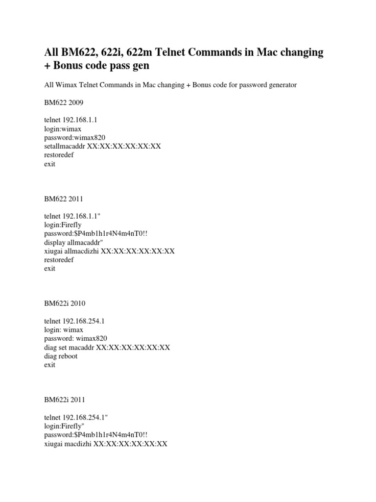 All BM622, 622i, 622m Telnet Commands in Mac Changing + Bonus Code Pass ...