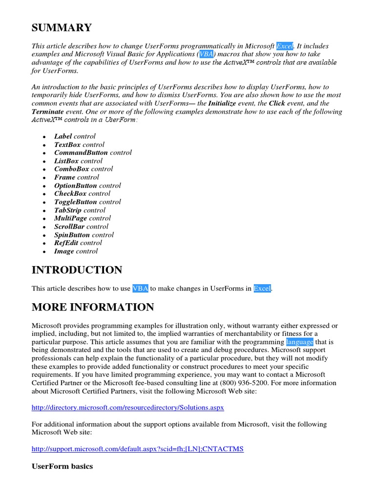 Excel Vba Userform Basics Pdf Microsoft Excel Visual Basic For Applications