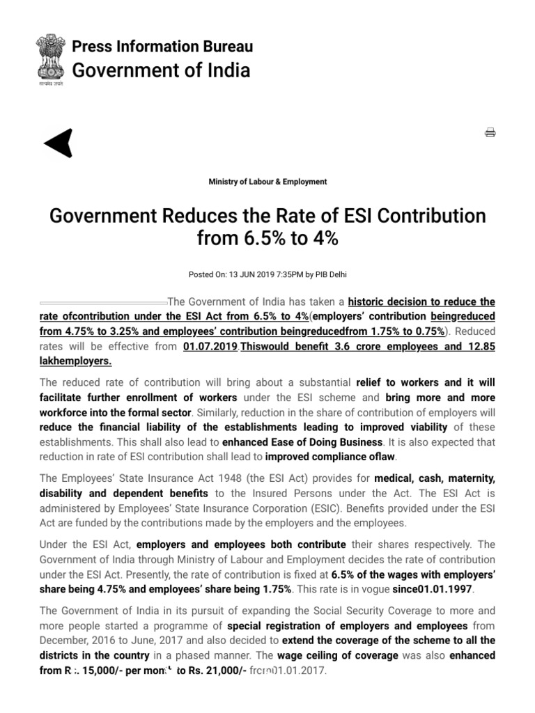 ESI Rates Reduced PIB Notice | PDF | Employment | Labor