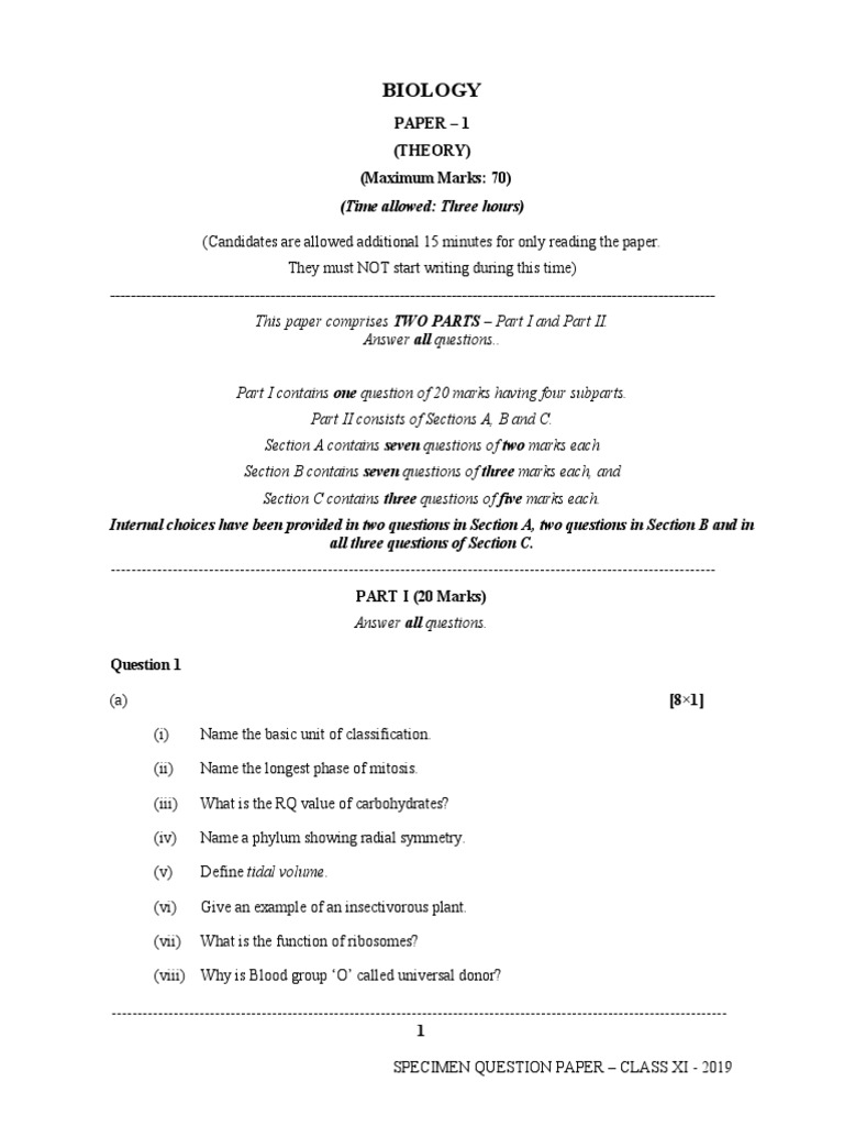 ISC Class 11 Bio Specimen Paper | PDF | Cell (Biology) | Plants