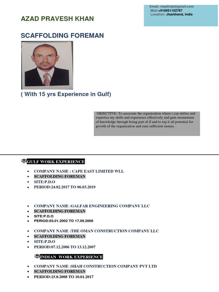 Resume of Azad Pravesh Khan Seeking Employment as a Scaffolding Foreman ...
