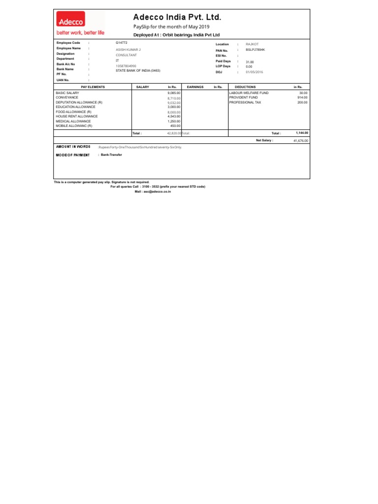 Adecco India Pvt. LTD.: Payslip For The Month of May 2019 | PDF ...