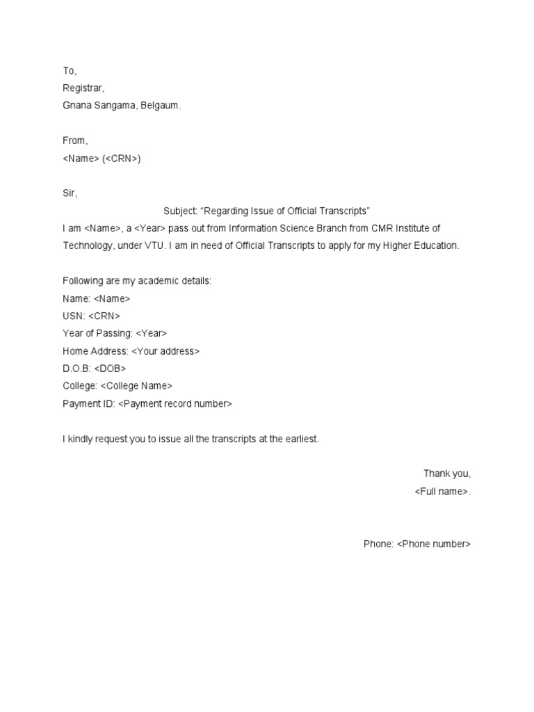 Transcript Request Letter VTU Format PDF | PDF