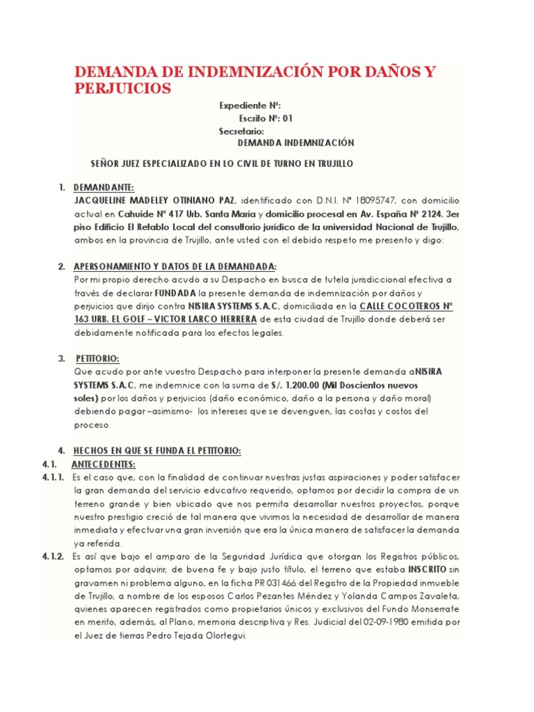 Demanda De Indemnización Por Daños Y Perjuicios Work Pdf Demanda