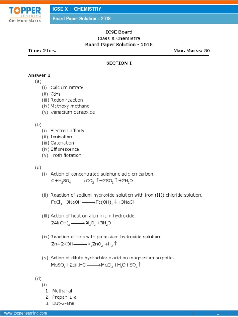 Icse X Chemistry: ICSE Board Class X Chemistry Board Paper Solution ...