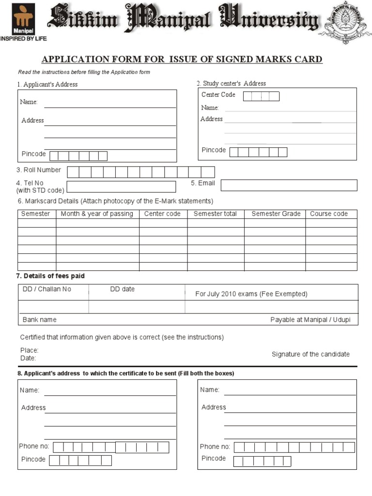 Marks Card Application Form | PDF | Identity Document | Test (Assessment)