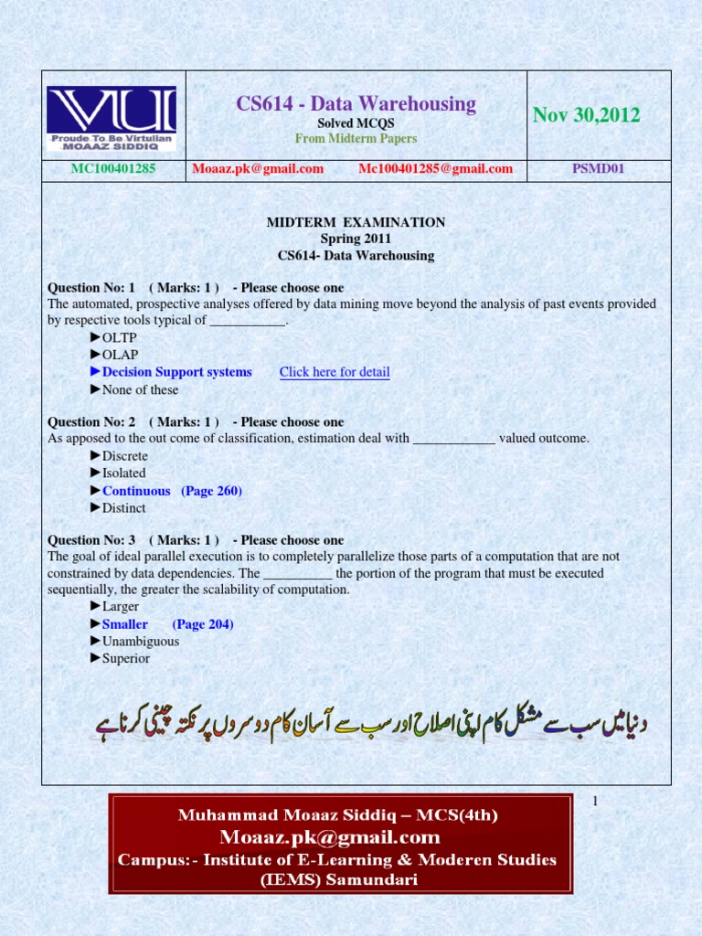 CS614 Data Warehousing MCQs Solved | PDF | Data Warehouse | Data Management
