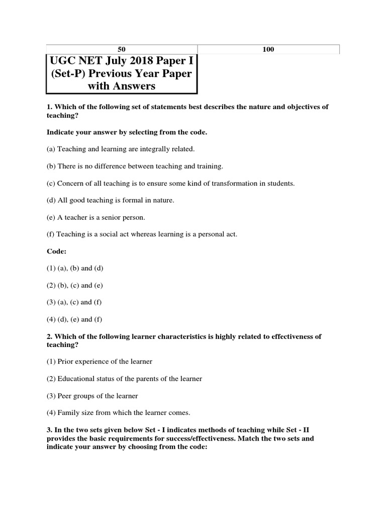 UGC NET July 2018 Paper I (Set-P) Previous Year Paper With Answers | PDF | Teachers