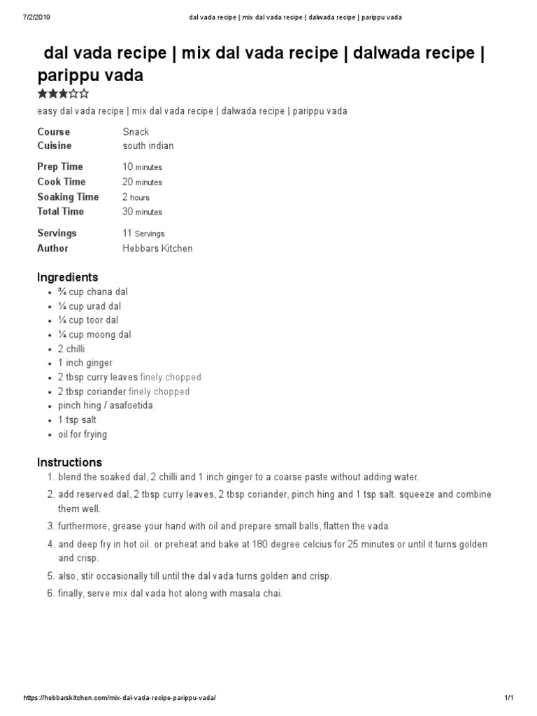 Dal Vada Recipe - Mix Dal Vada Recipe - Dalwada Recipe - Parippu Vada | PDF