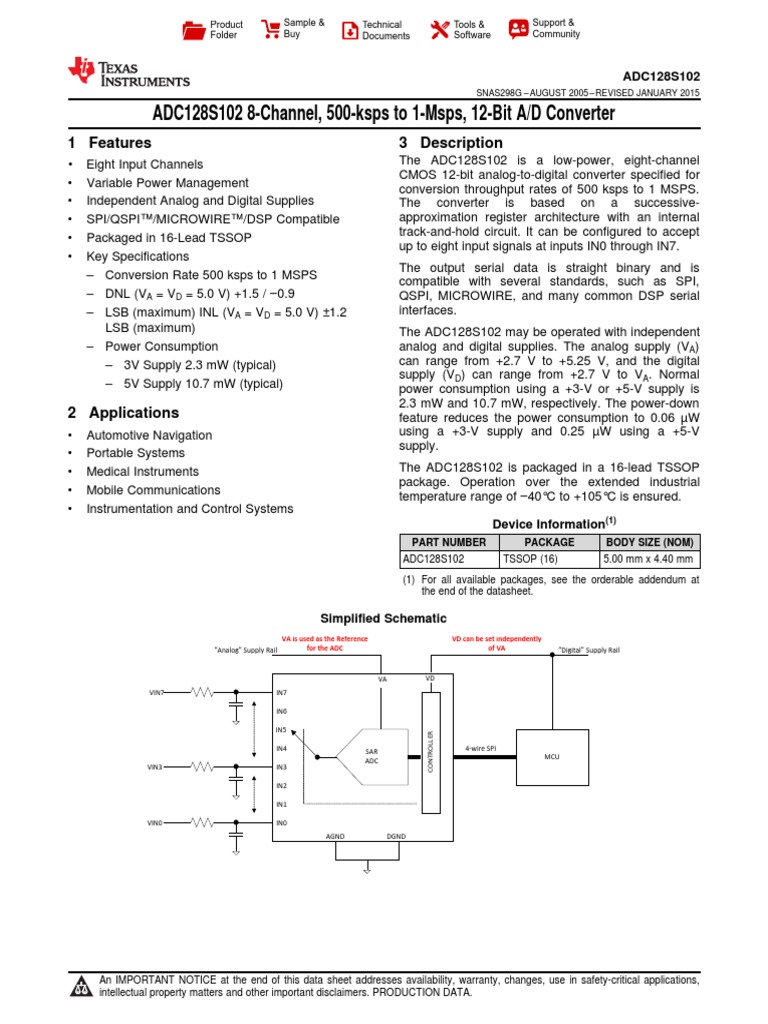 ADC128S102 8-Channel, 500-ksps To 1-Msps, 12-Bit A/D Converter | PDF ...