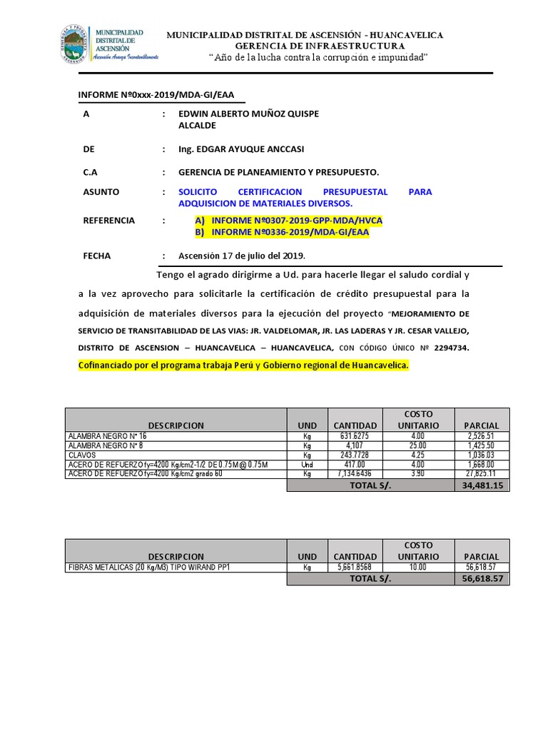 MODELO DE INFORME DE REQUERIMIENTO DE INSUMOS | Materiales de ...