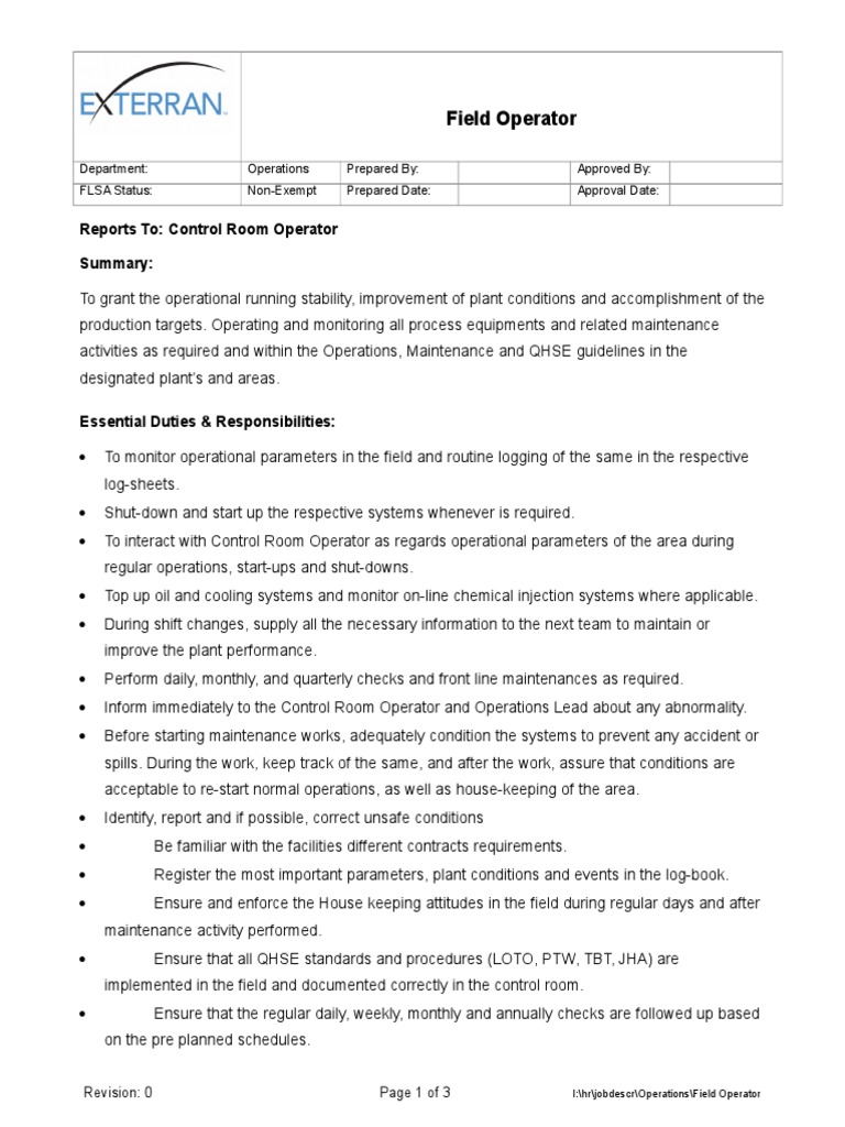 JD Field Operator. | PDF | Occupational Safety And Health | Employment