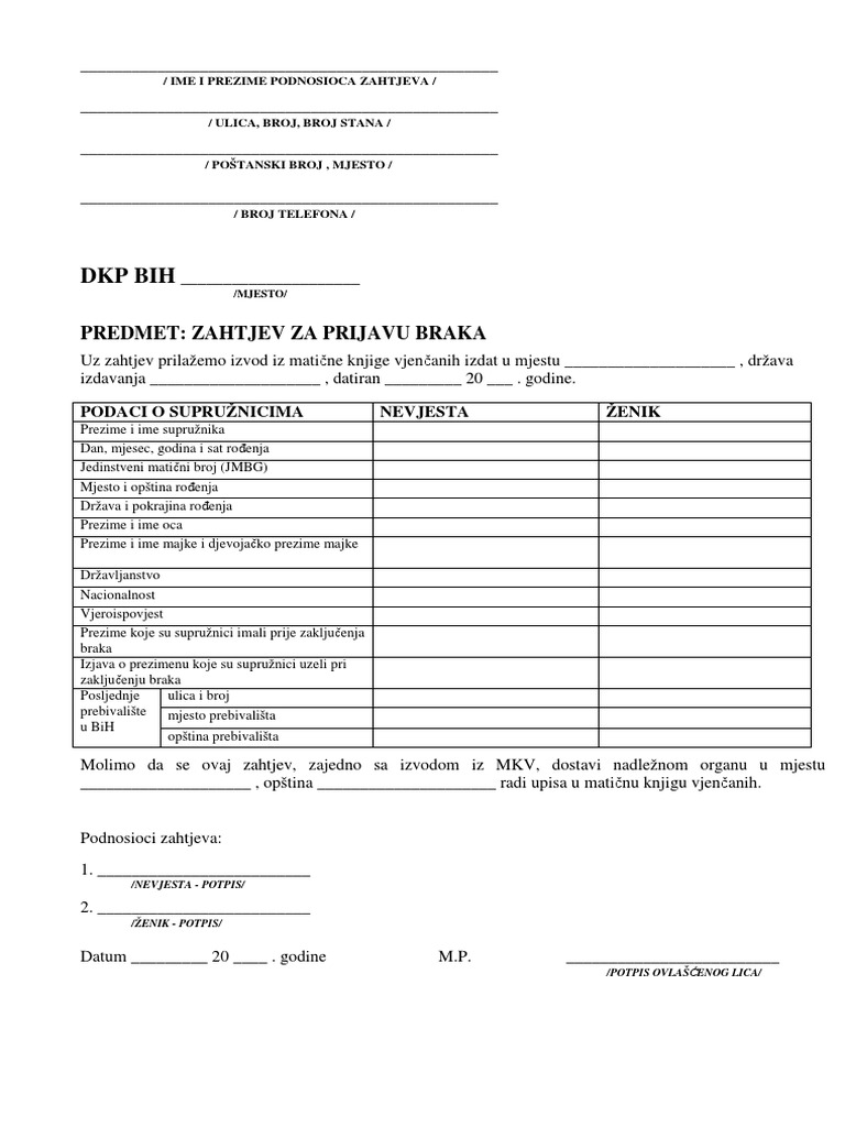 Obrazac - Prijava Zakljucenja Braka | PDF