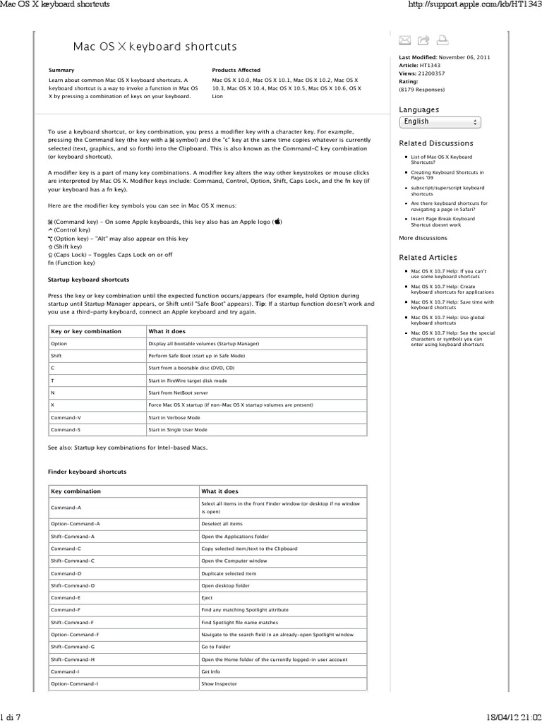 Mac OS X Keyboard Shortcuts | PDF | Computer Keyboard | Keyboard Shortcut