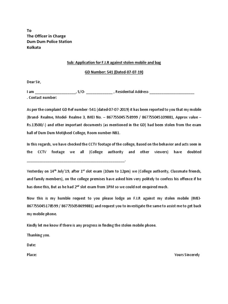 FIR Application for Stolen Mobile Phone | PDF