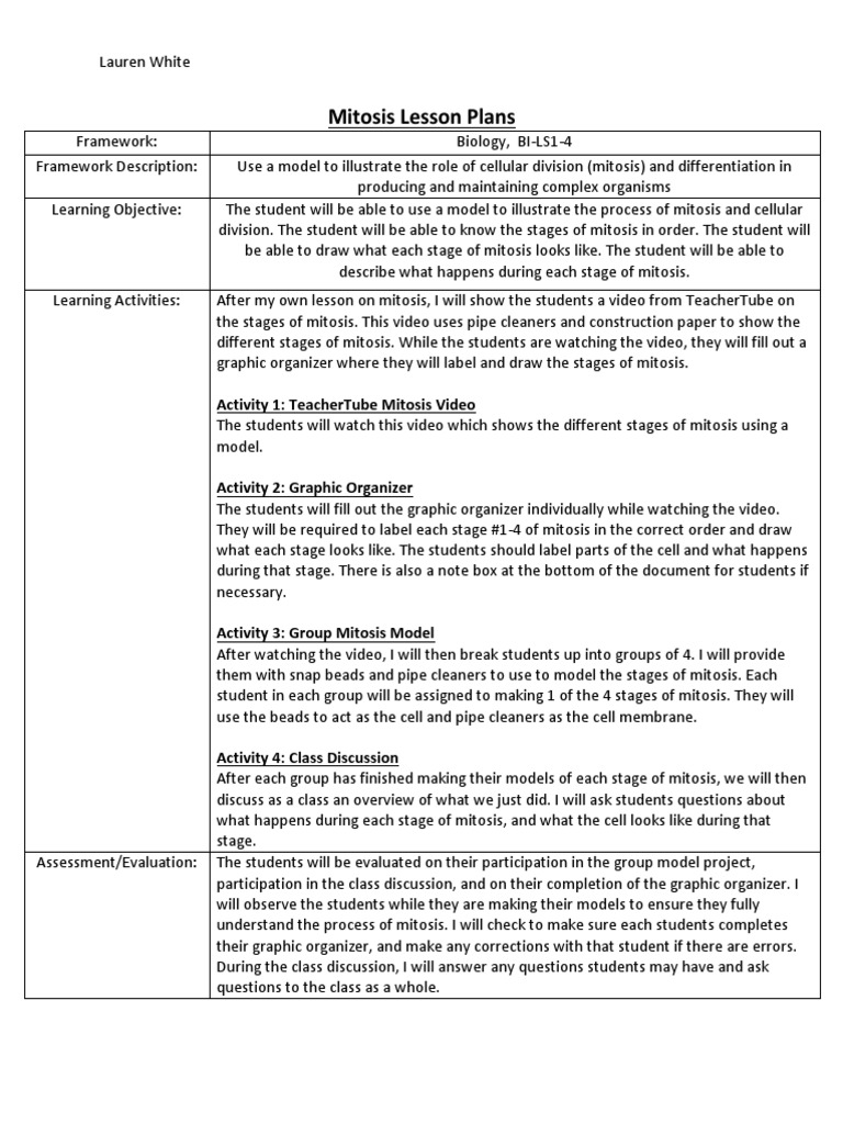 Mitosis Lesson Plans Laurenwhite | PDF | Mitosis | Lesson Plan