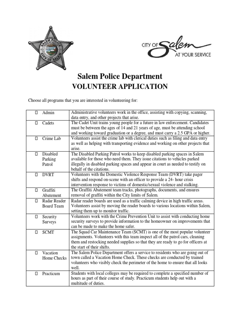 Salem Police Volunteer Application | PDF | Probation | Volunteering