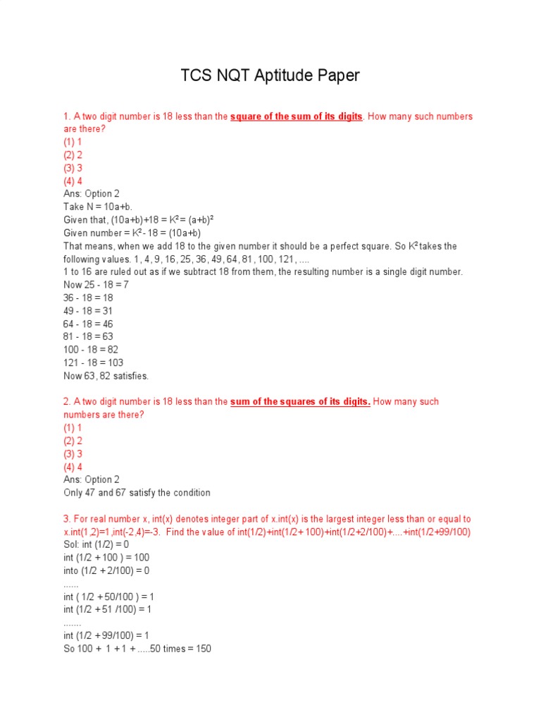 Tcs Nqt Aptitude Paper Sum Of The Squares Of Its Digits Pdf Integer Computer Science 
