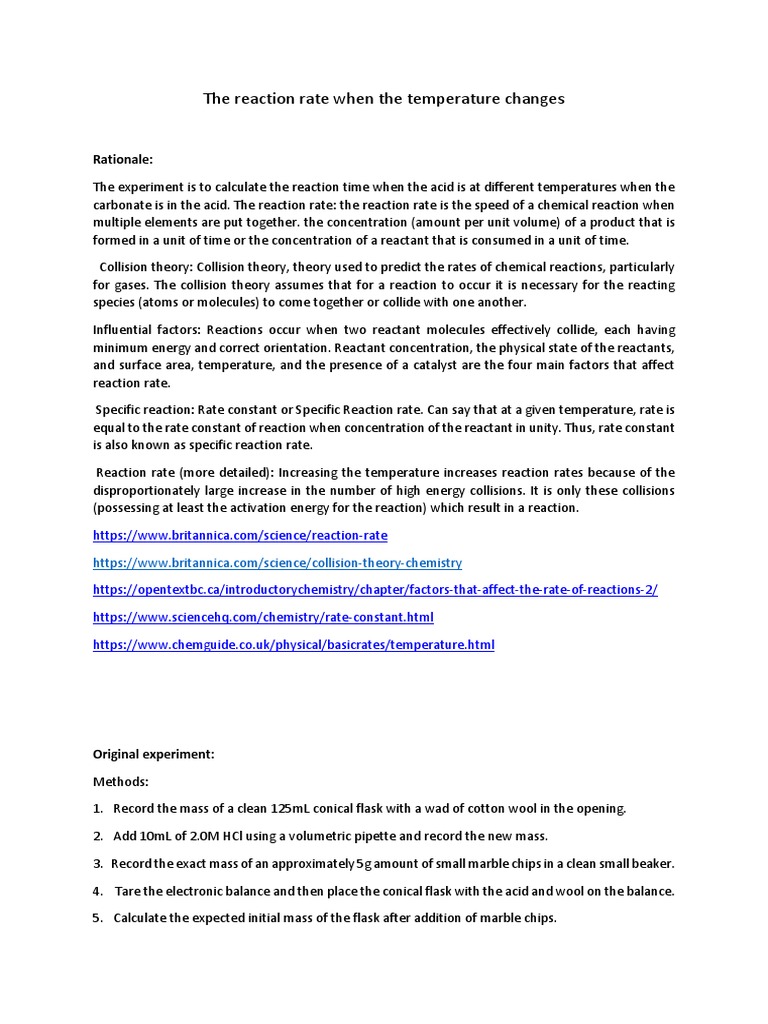The Reaction Rate When The Temperature Changes: Rationale | PDF ...