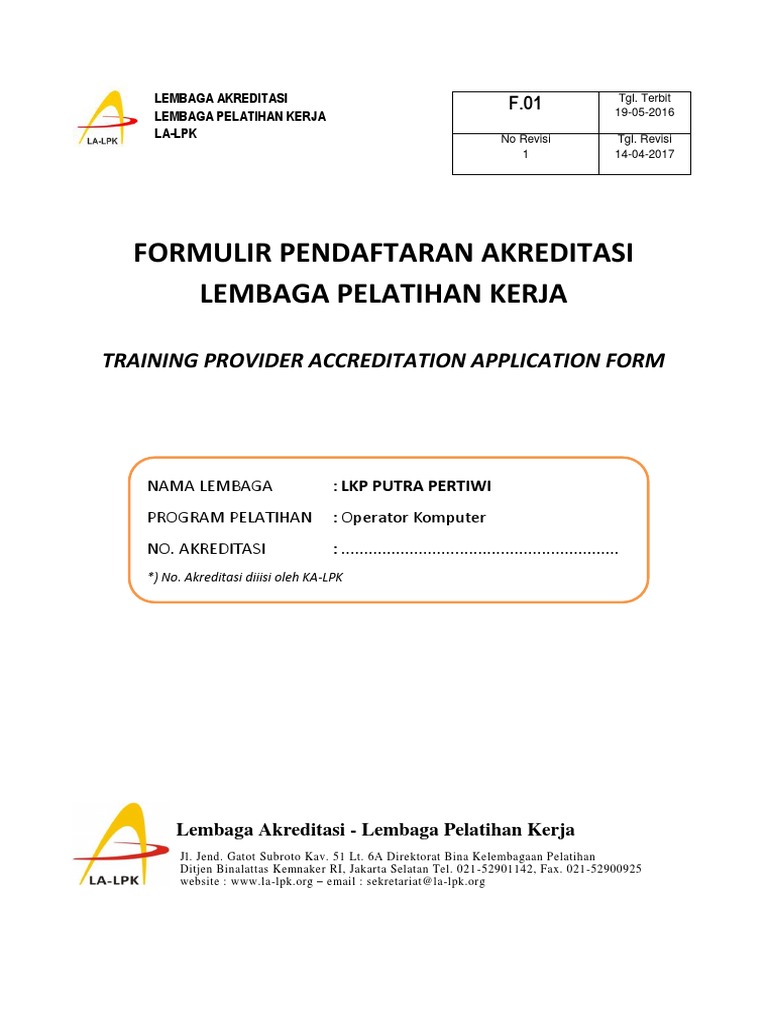 F.01 (Formulir Pendaftaran Akreditasi LPK) | PDF