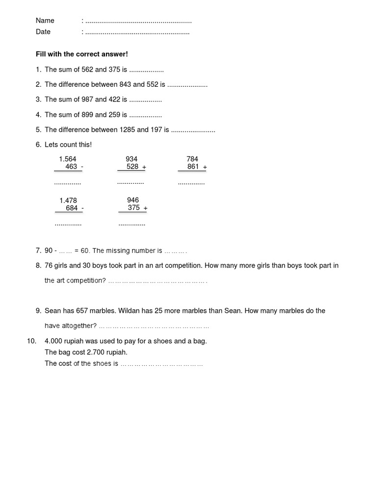 Math Problem Worksheet for Kids | PDF