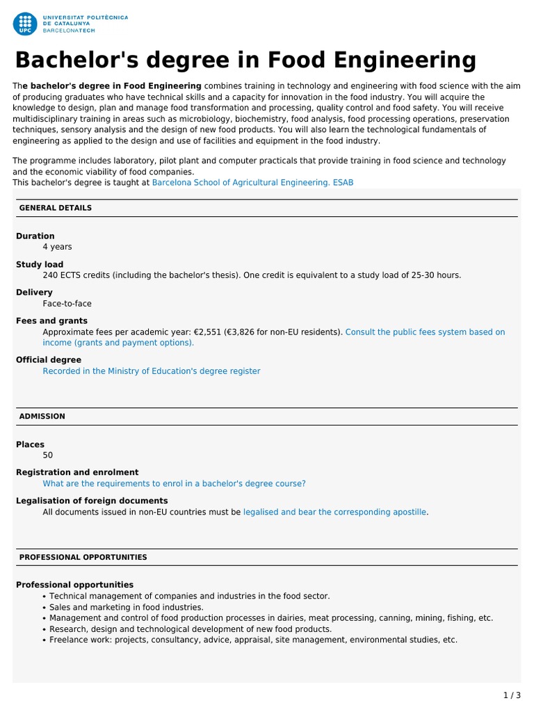 Bachelor's in Food Engineering Program | PDF | Academic Degree ...