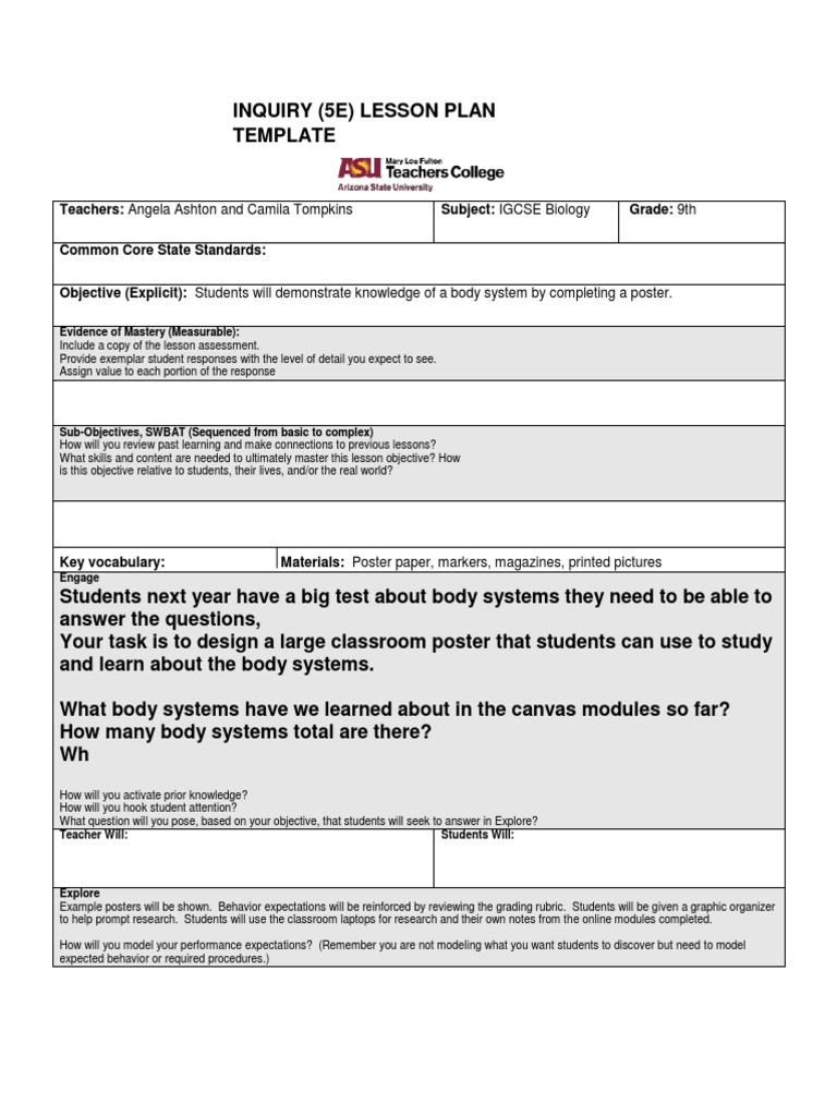 Inquiry Based Lesson Plan Body Systems Lab | PDF | Educational ...