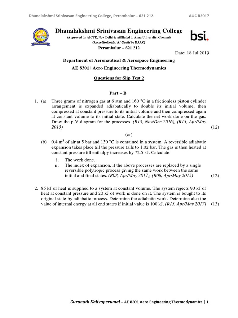 AE8301 AET Questions For Slip Test 2 - 20190717 - S | PDF | Enthalpy | Heat
