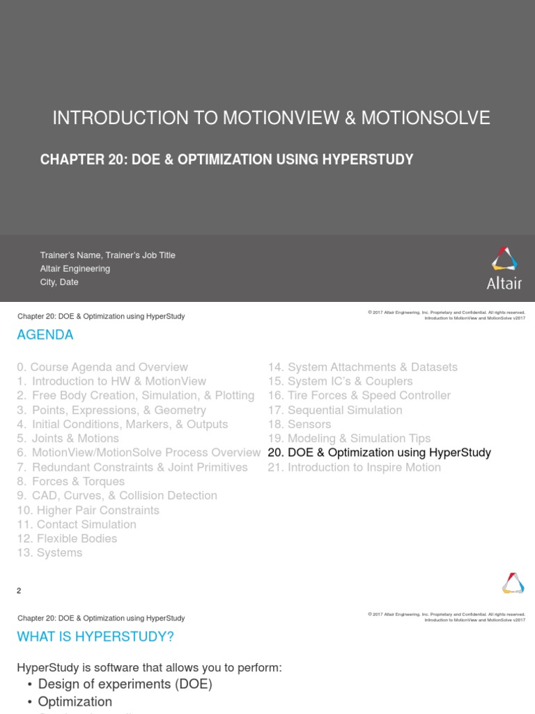 Introduction To Motionview & Motionsolve: Chapter 20: Doe & Optimization Using Hyperstudy ...