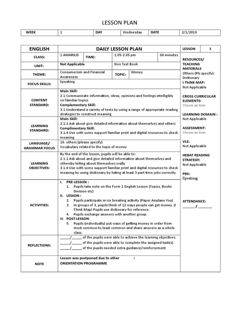 Lesson Plan Form 1 Week 1 | PDF | Lesson Plan | English Language