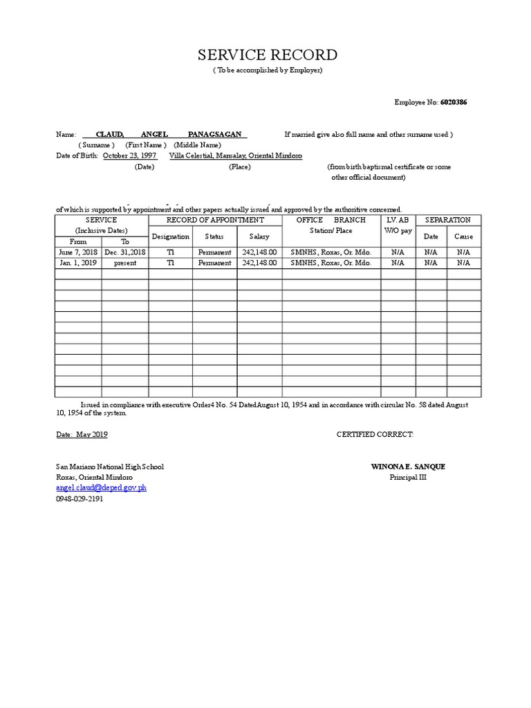 Service Record: Angel - Claud@deped - Gov.ph | PDF | Business