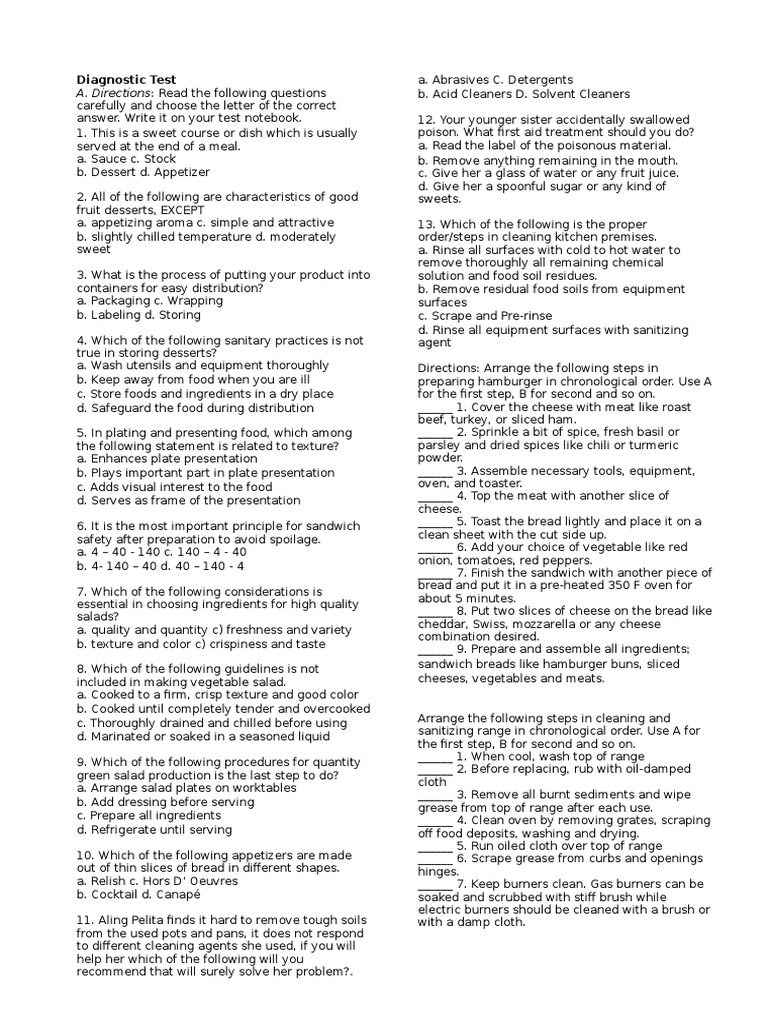 Diagnostic Test Kitchen Essentials | PDF | Hors D'oeuvre | Foods