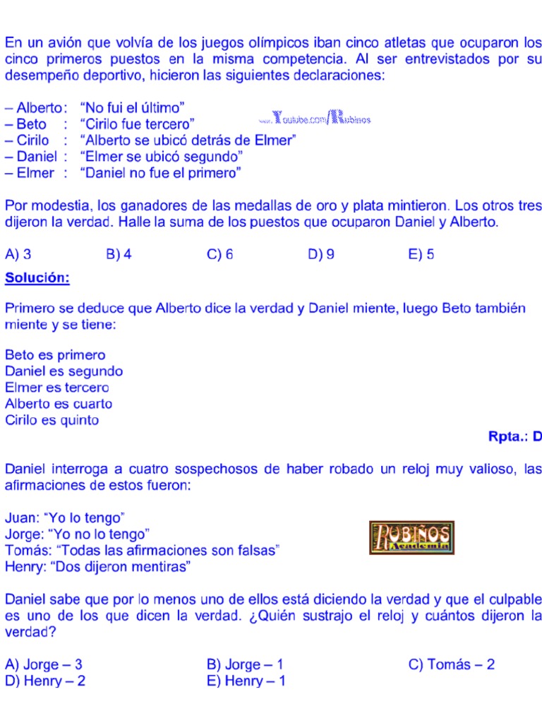 Razonamiento Lógico Verdades Y Mentiras Ejercicios Resueltos Pdf Pdf