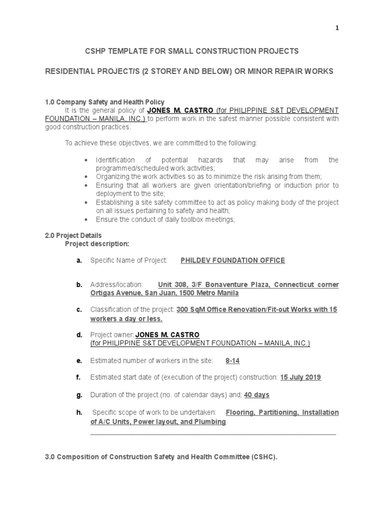 Cshp Template for Small Construction Projects | Personal Protective ...