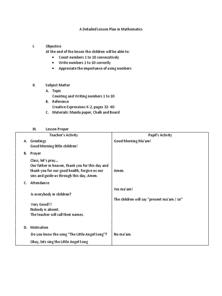 A Detailed Lesson Plan in Mathematics - Kinder | PDF | Lesson Plan ...