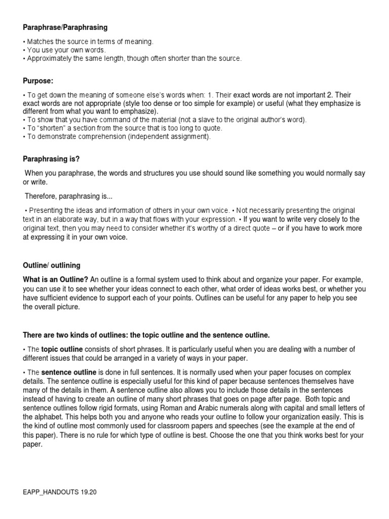 Paraphrasing Outlining Direct Quoting Summarizing Handout | PDF | Sentence (Linguistics) | Phrase