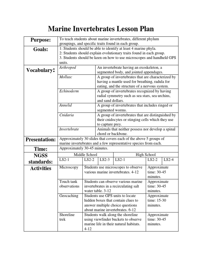 Marine Invertebrates Lesson Plan | PDF | Invertebrate | Biology