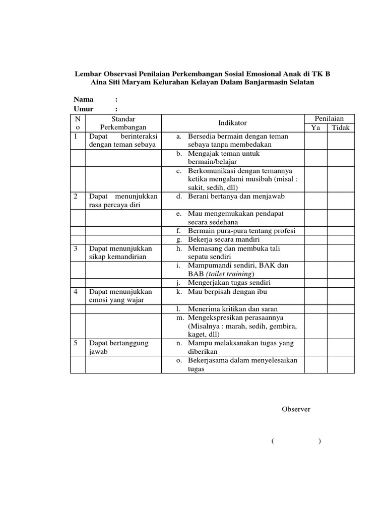 Observasi Sosial Emosional Anak TK B | PDF