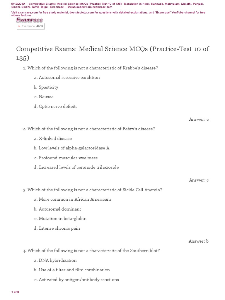 Medical Science MCQs Practice Test 10 | PDF | Biochemistry | Chemistry