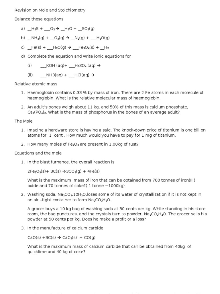 Revision Questions On Mole and Stoichiometry | PDF | Oxide | Fertilizer