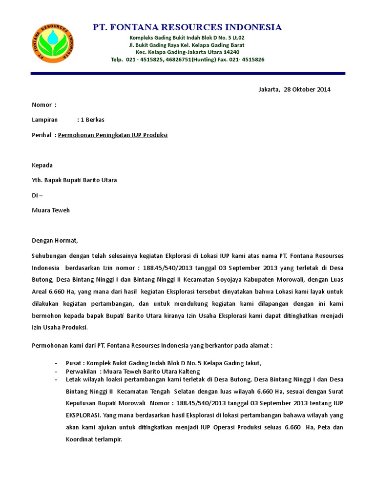 Surat Permohonan Iup Produksi | PDF