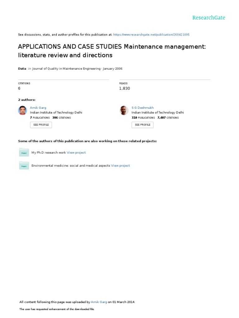 APPLICATIONS AND CASE STUDIES Maintenance Management: Literature Review ...