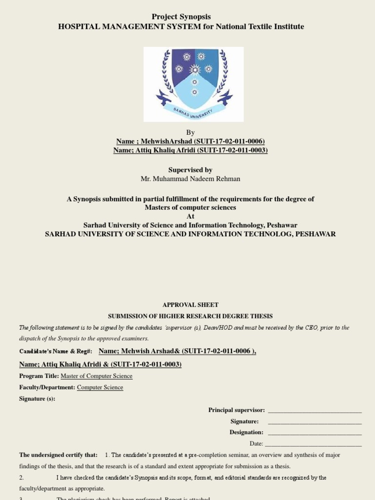 Project Synopsis HOSPITAL MANAGEMENT SYSTEM For National Textile ...