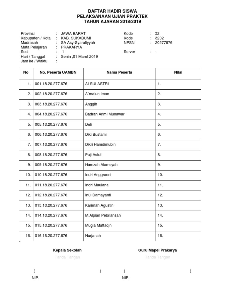Format Nilai Ujian Praktek | PDF